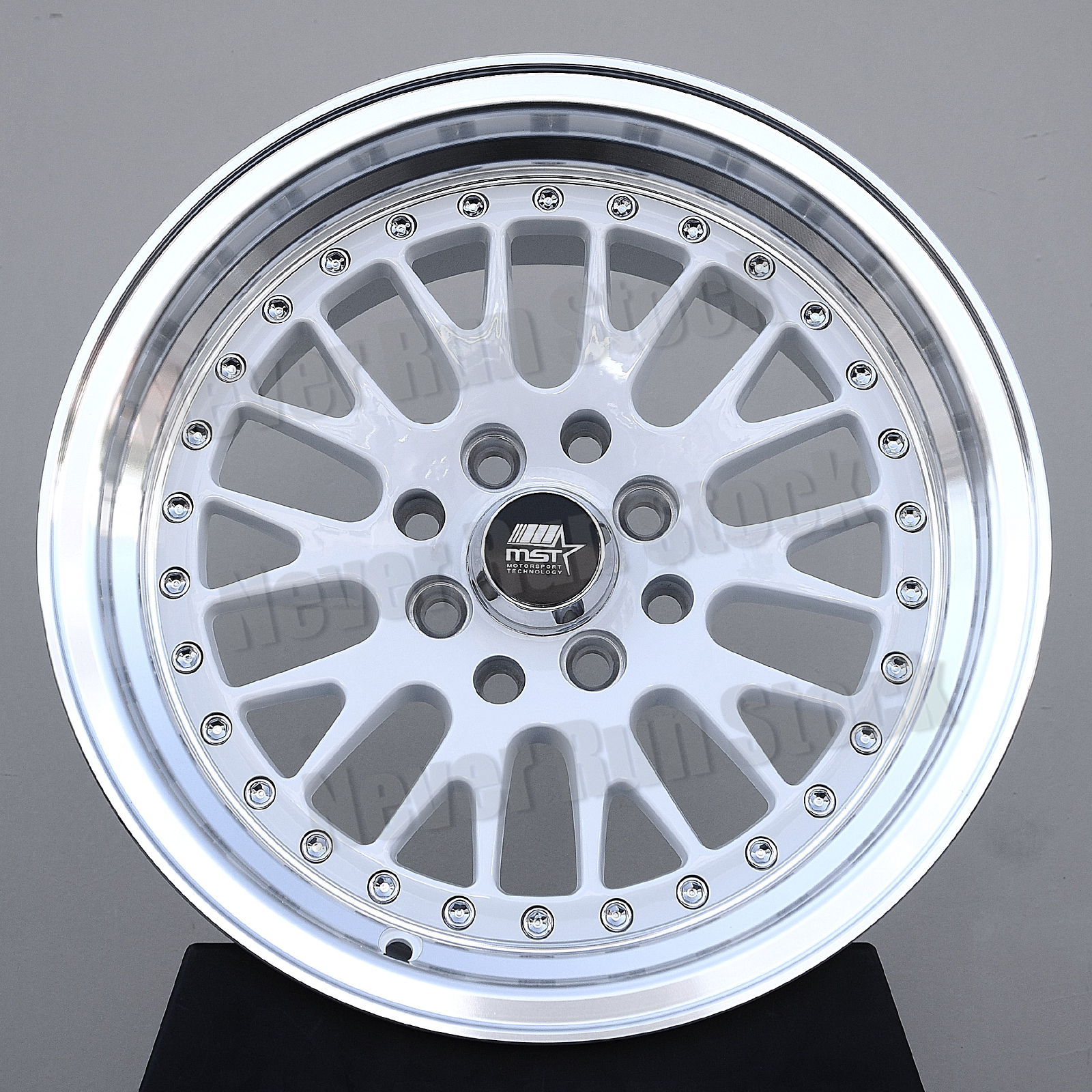 MST MT-10 15x8 4x100/114.3 25 OFFSET WHITE MESH MACHINE LIP W RIVET ...