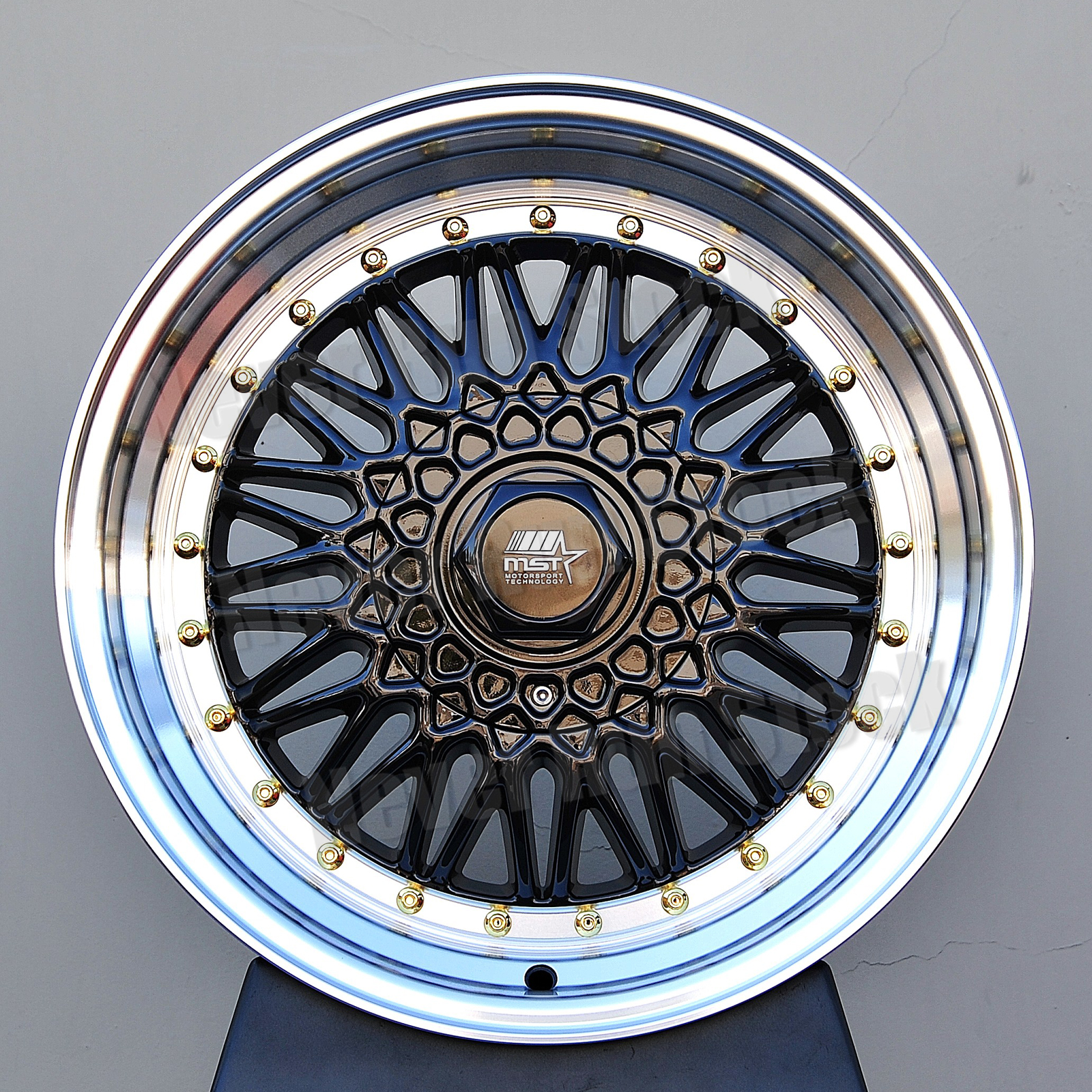 MST MT-13 15x8 +20 4x100 4x108 BLACK MESH MACHINE LIP GOLD RIVETS TUNER ...